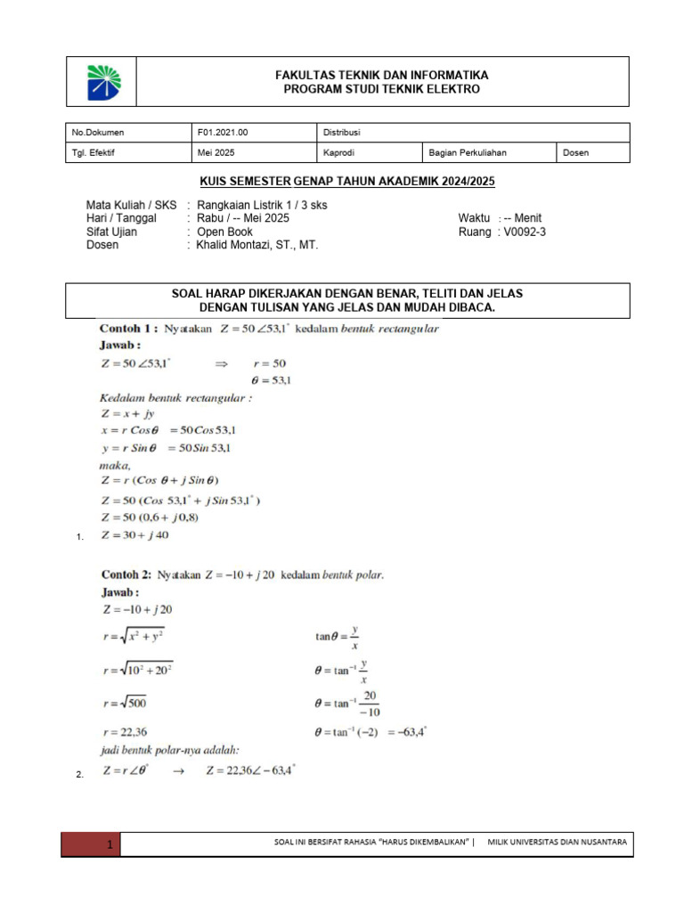 Soal Kuis Mk. Rangkaian Listrik 1 + Jawaban | PDF