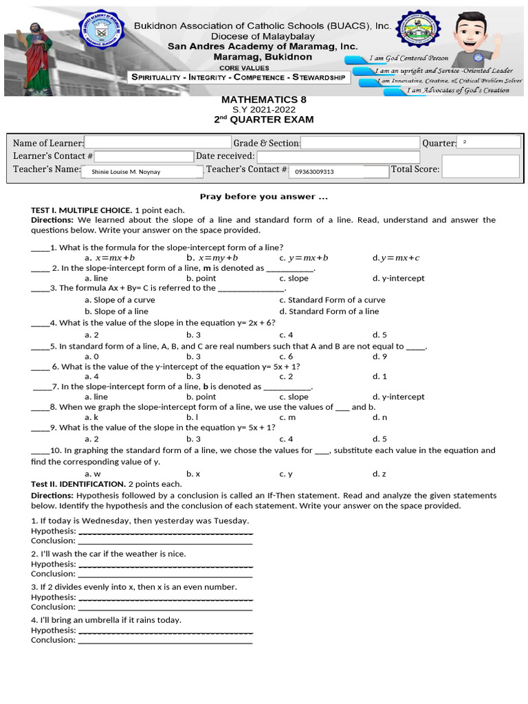 Mathematics 8: 2nd Quarter Exam Guide | PDF | Slope | Triangle