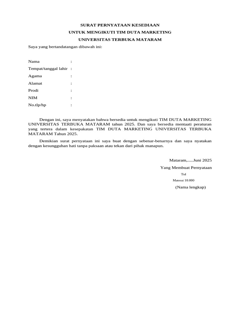 Surat Pernyataan Kesediaan Mengikuti | PDF