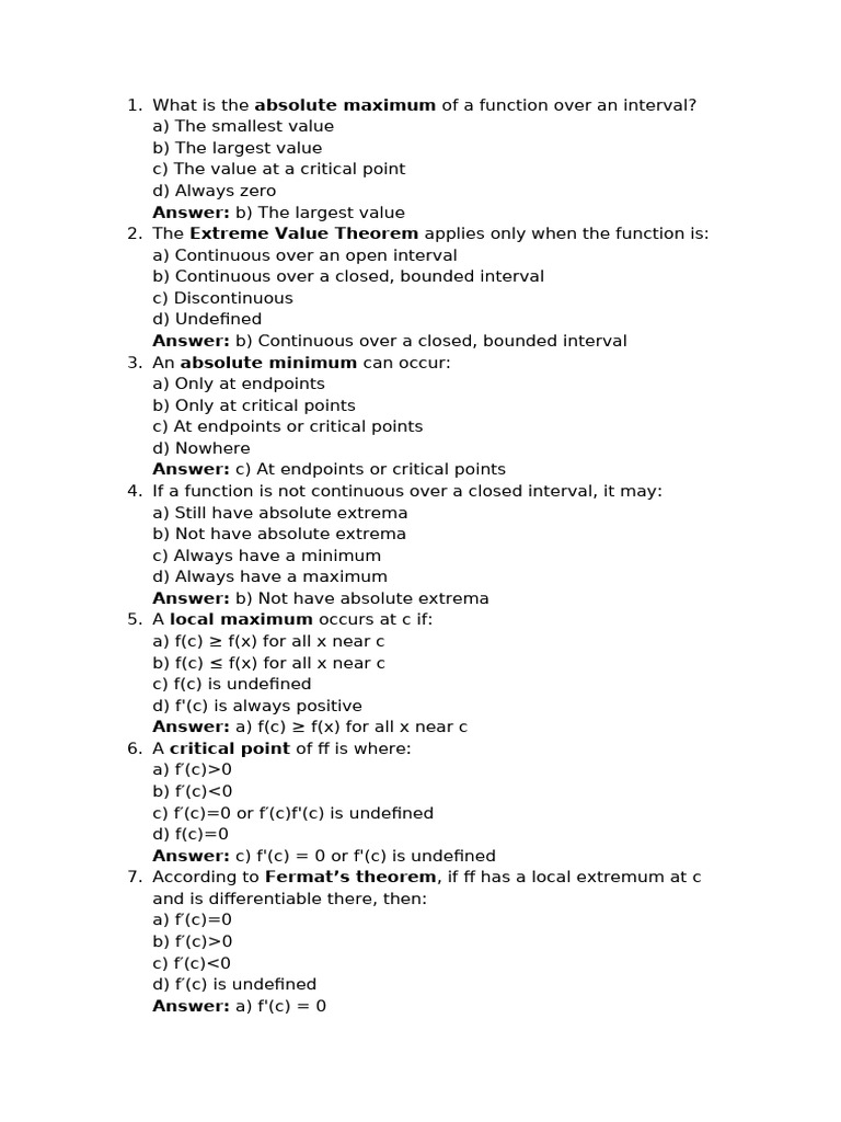 Calculus Quizfinals Absolute Extrema | PDF | Mathematical Analysis ...