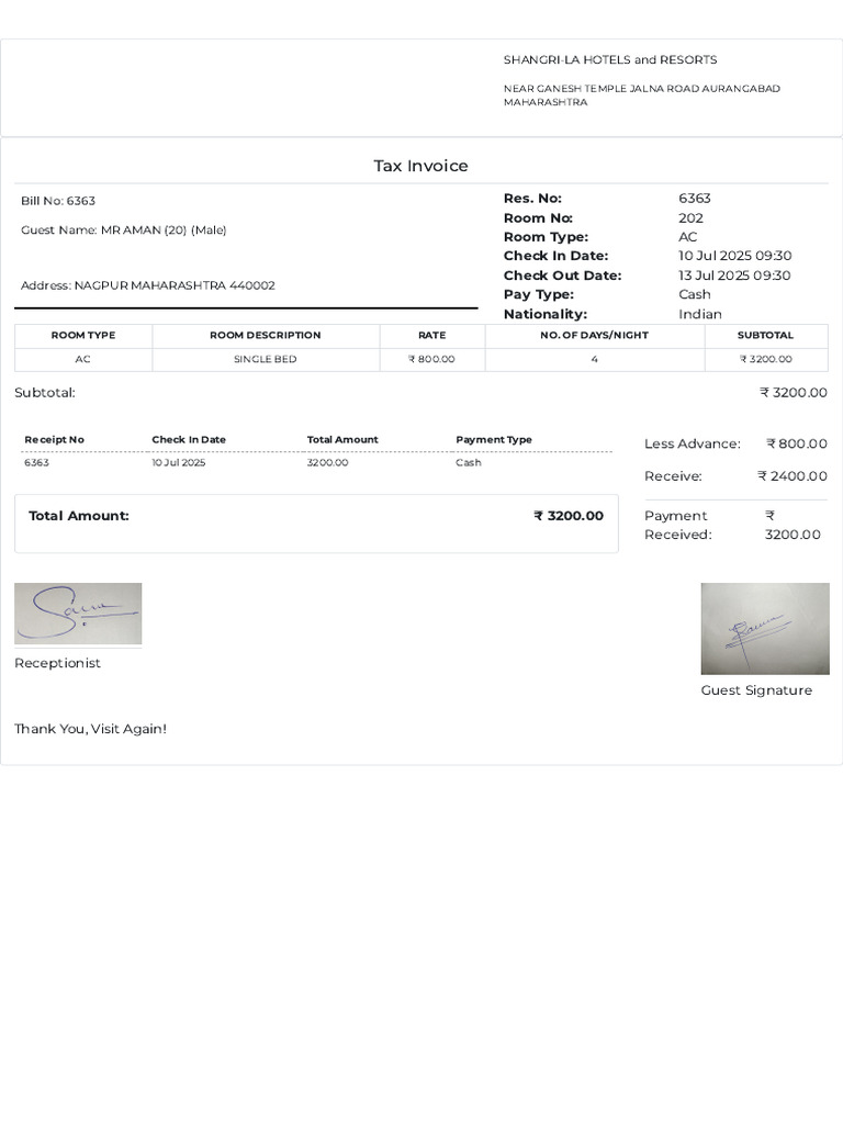 Hotel Bill Template 1 | PDF