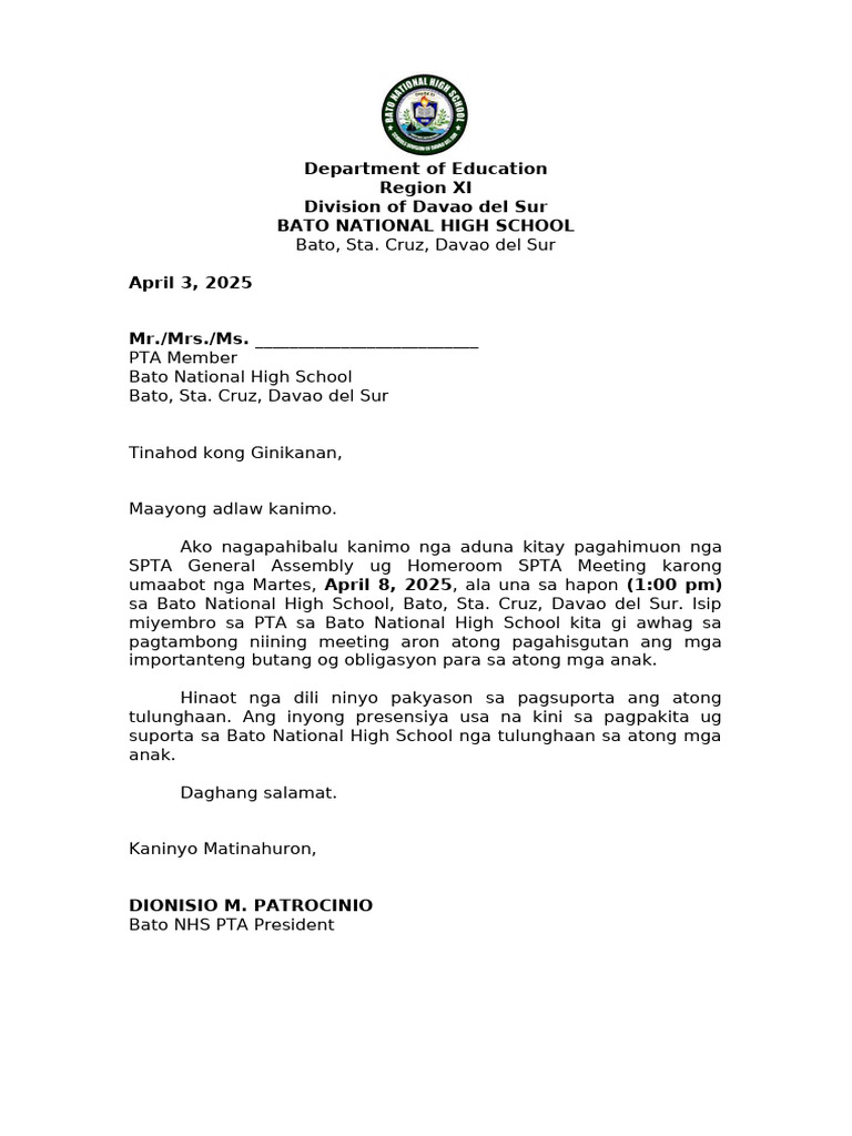 Pta Assembly Letter | PDF