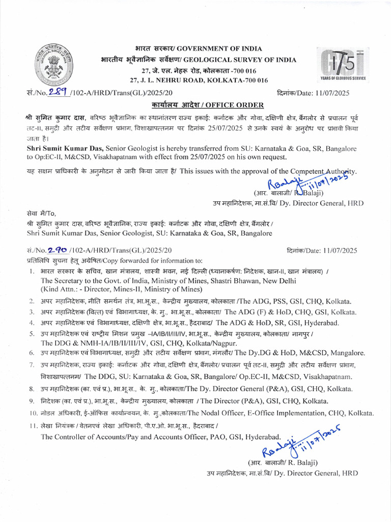 Office Order - Transfer of Shri Sumit Kumar Das, Senior Geologist, SU - K&G - Bangalore - 11 07 ...