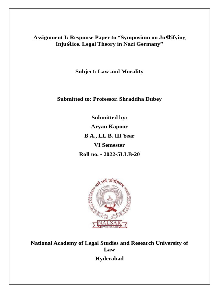 Response Paper Aryan Kapoor 2022-5LLB-20 | PDF | Jurisprudence | Nazism