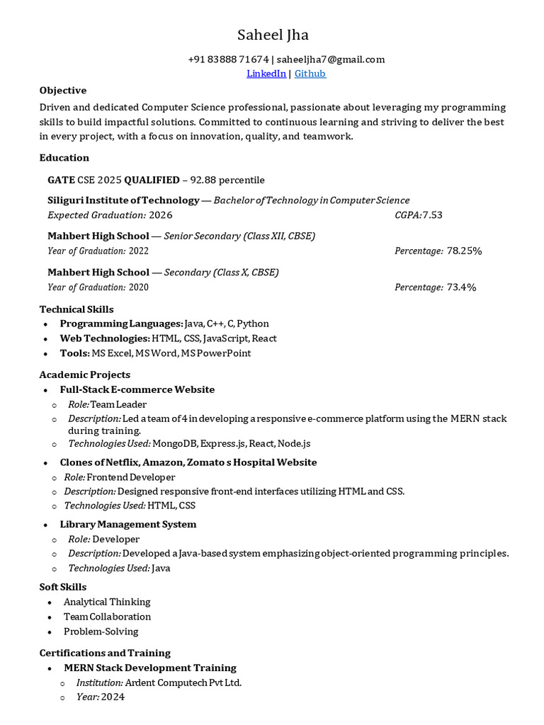 Computer Science Graduate Resume | PDF