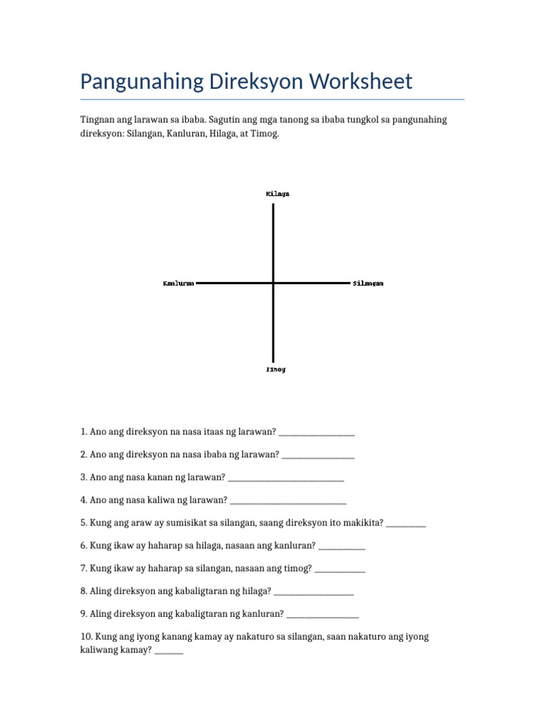 Pangunahing Direksyon Worksheet | PDF