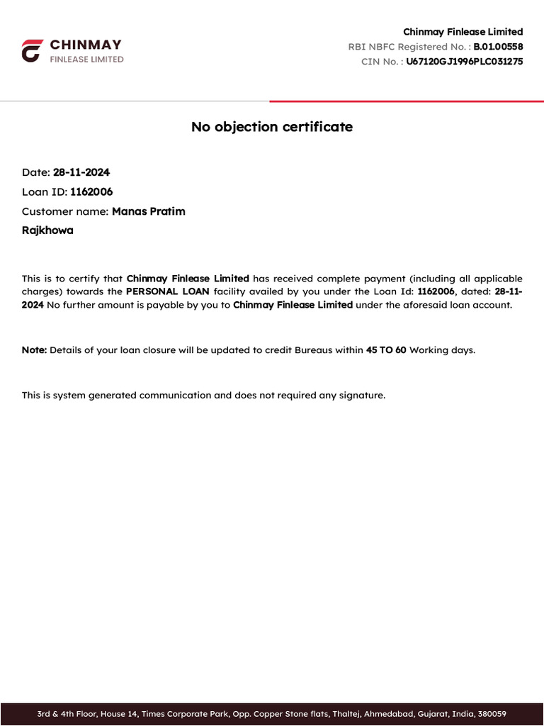 No Objection Certificate: Date: Loan ID: Customer Name | PDF