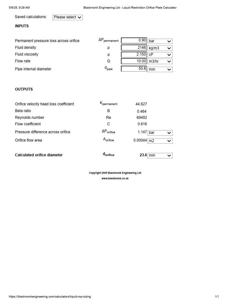 Liquid Restriction Orifice Plate Sizing Calculator - Blackmonk Engineering | PDF
