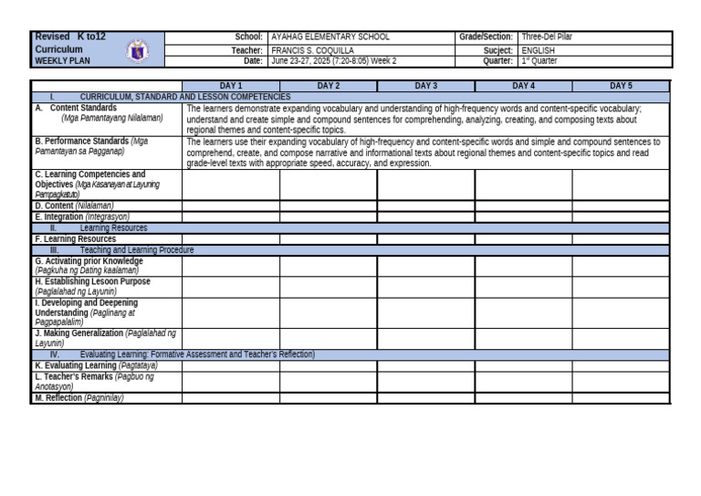 K-12 English Weekly Plan for Grade 3 | PDF