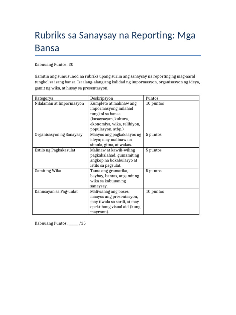 Rubriks Sanaysay Reporting | PDF