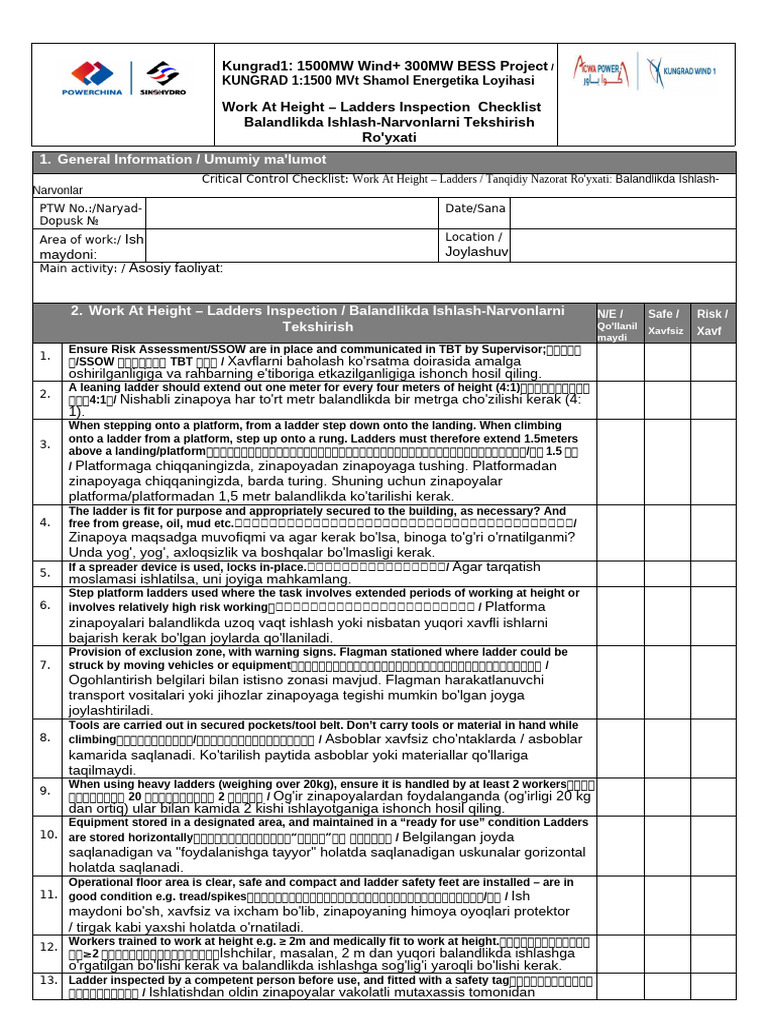 Crictical Control Inspection Checklist WAH - Ladders - (Eng - Ch.uzb ...