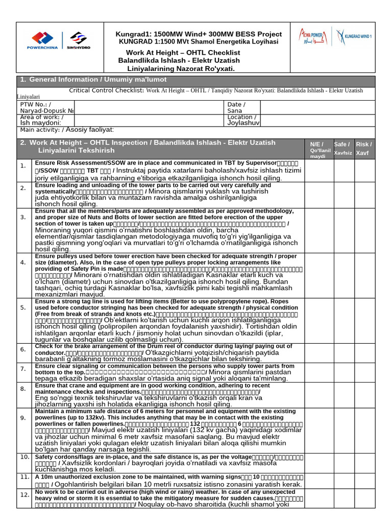 Crictical Control Inspection Checklist WAH - OHTL - (Eng - Ch.uzb ...