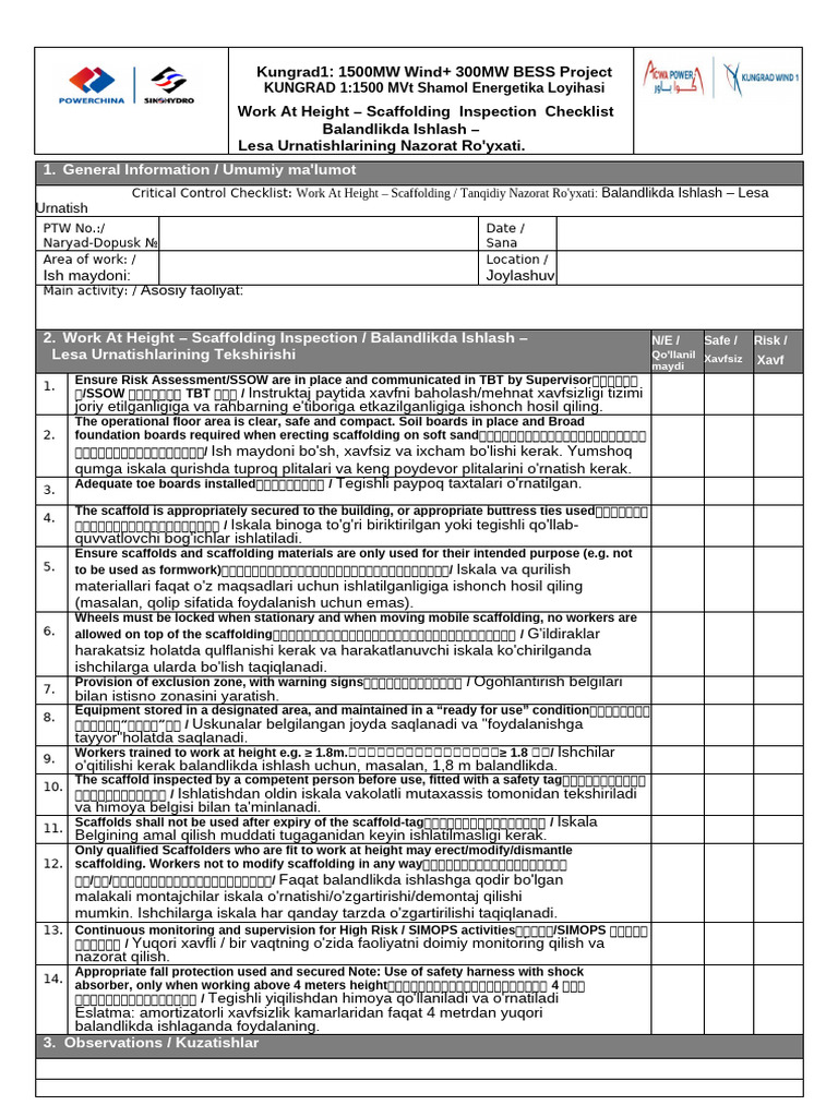 Crictical Control Inspection Checklist WAH - Scaffolding - (Eng - Ch ...
