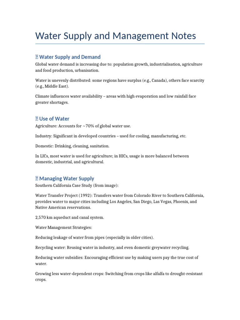 Water Supply and Management Notes | PDF | Water Scarcity | Water