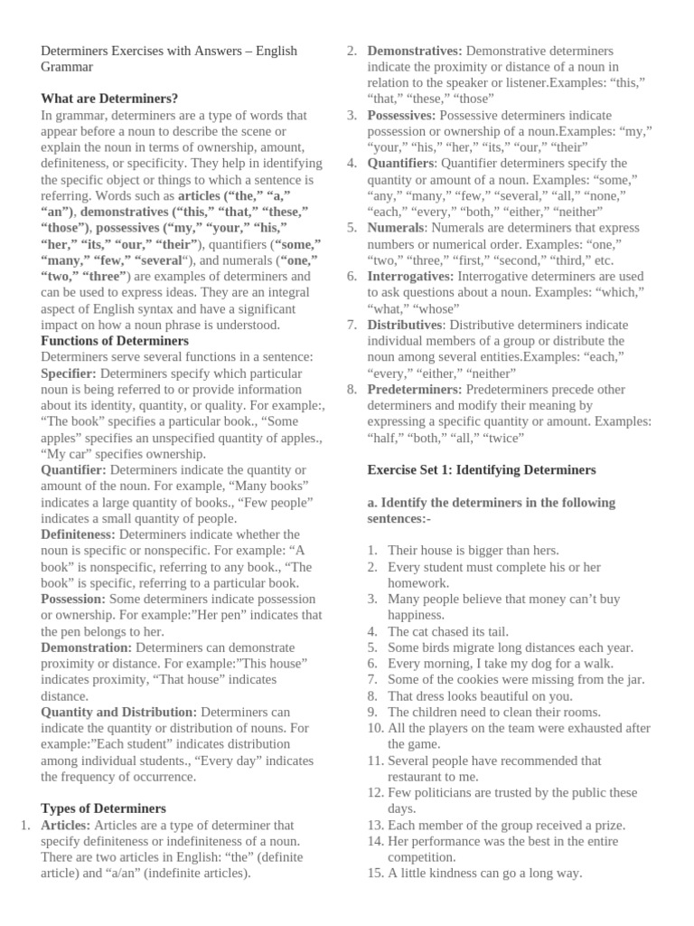 Determiners Exercises With Answers | PDF | Quantity | Semantics