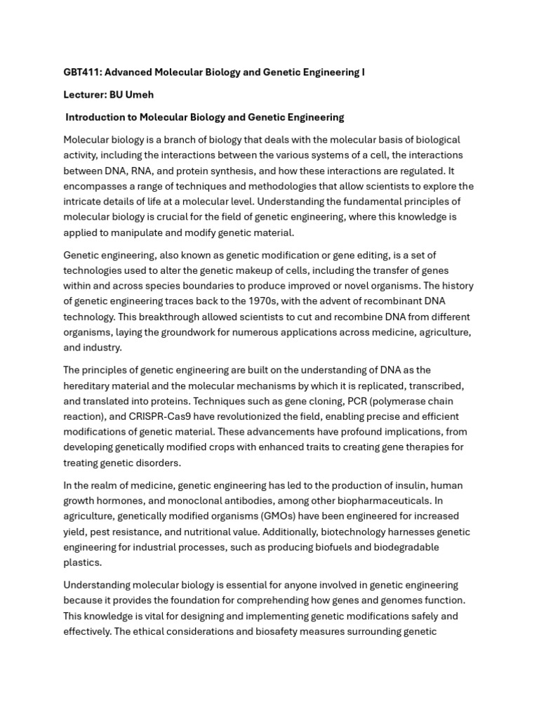 May 2024 GBT411 - Advanced Molecular Biology and Genetic Engineering I ...