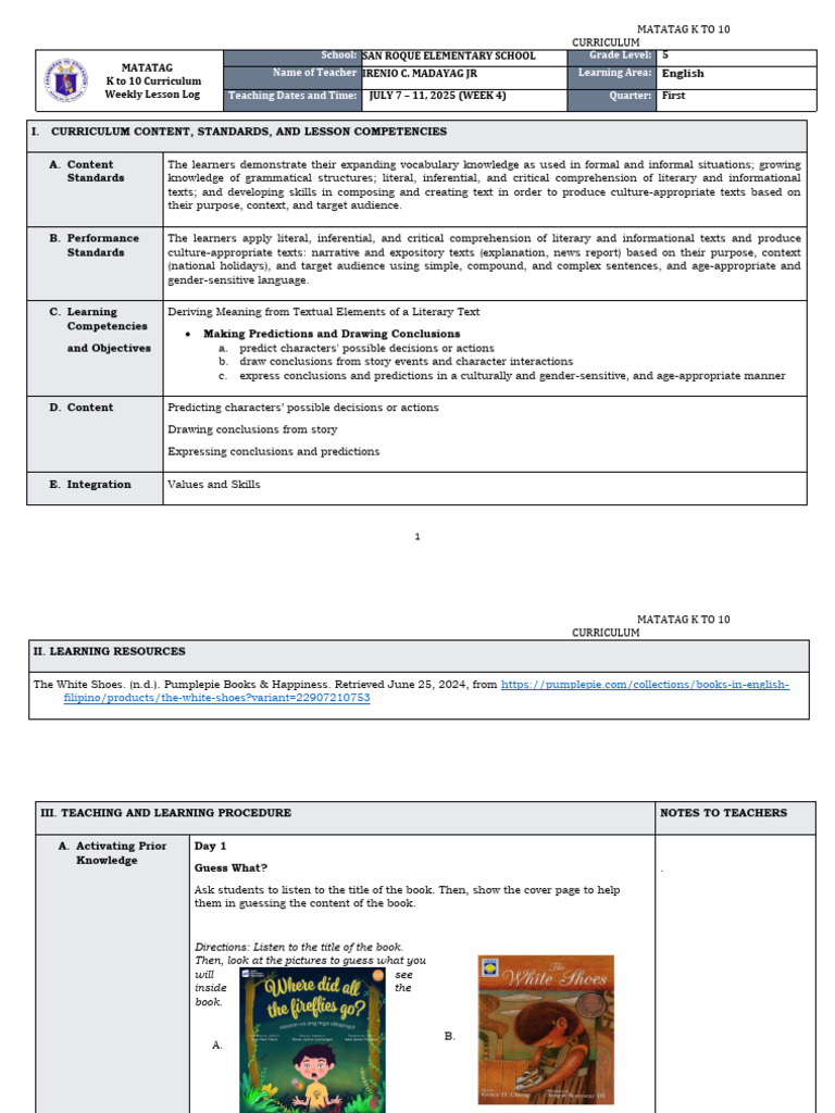DLL Matatag - English 5 q1 w4 | PDF | Curriculum | Learning
