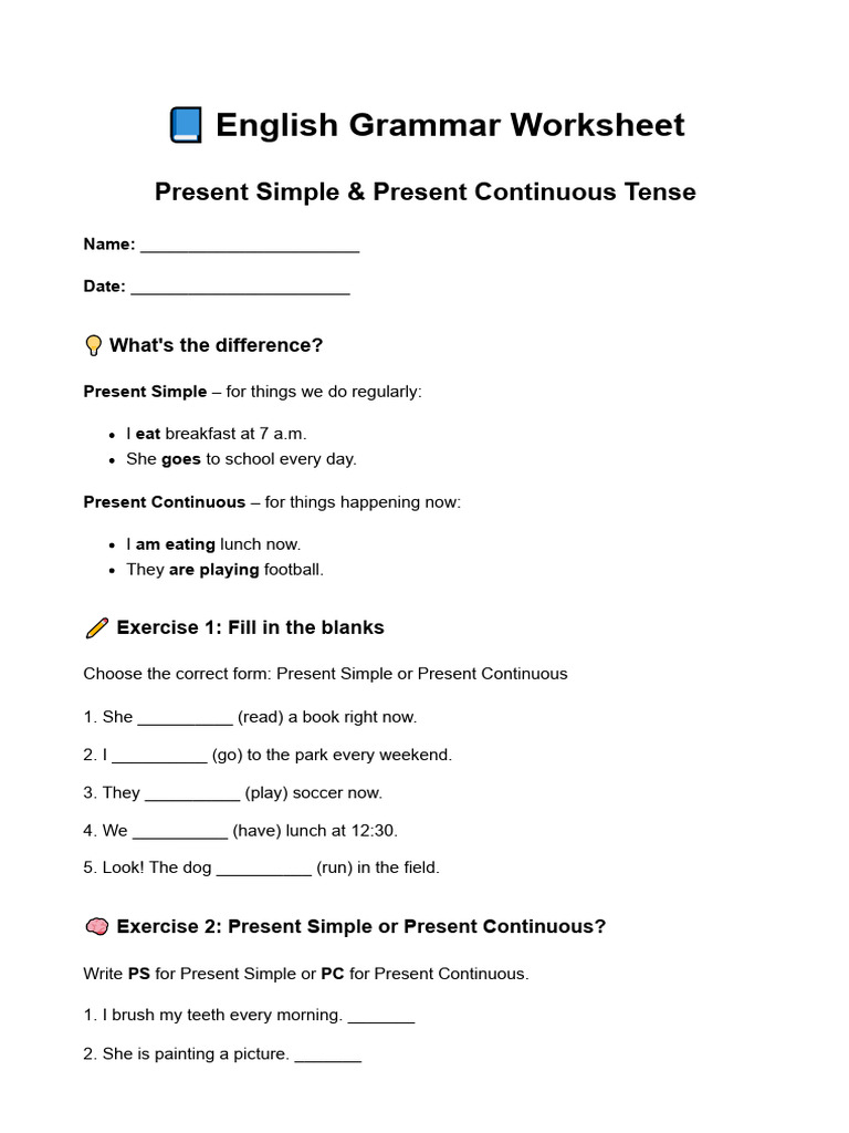 Present Simple vs Continuous Worksheet | PDF