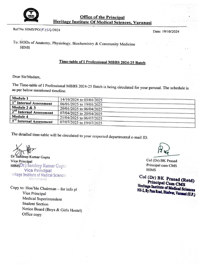 Time Table of I Prof MBBS 2024 25 Batch | PDF | Anatomy | Histology