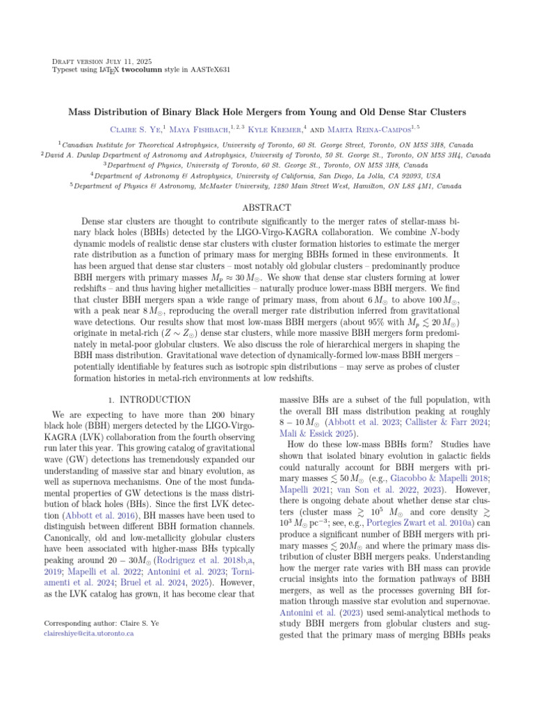 Mass Distribution of Binary Black Hole Mergers From Young and Old Dense ...