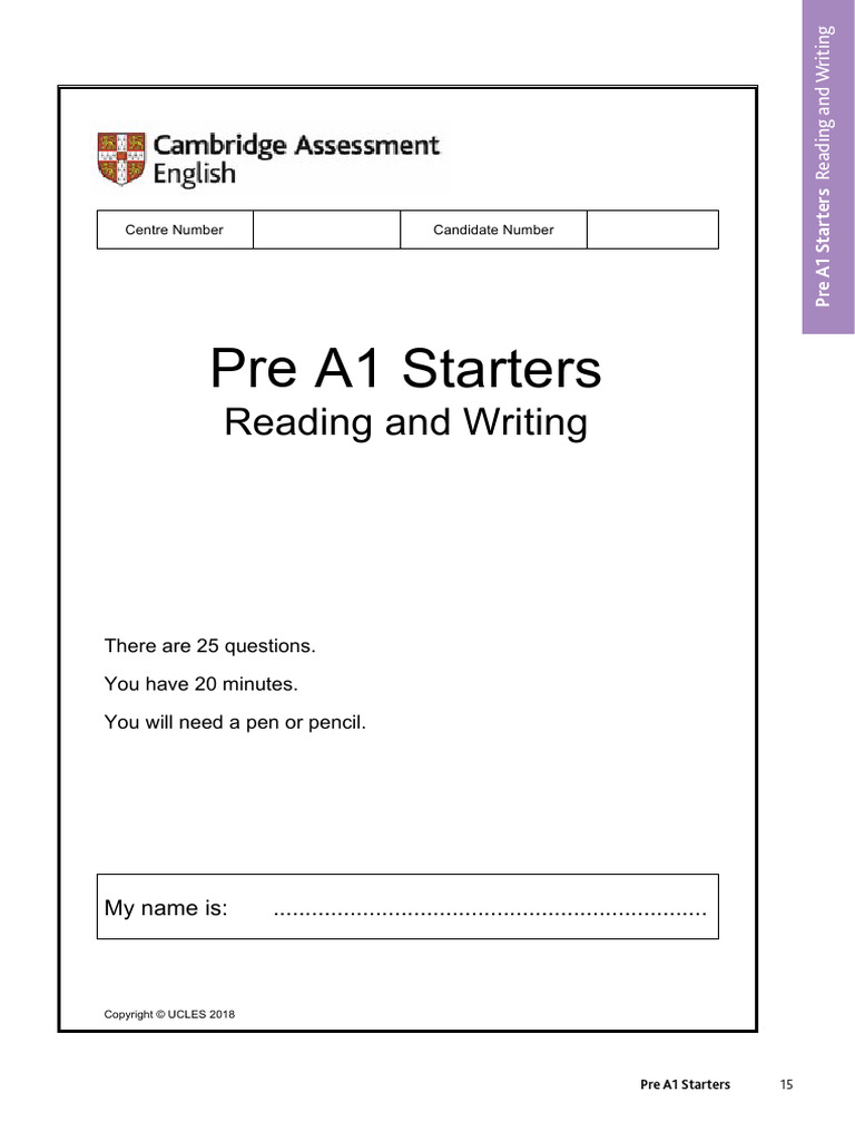 Pre A1 Starters Reading & Writing Test | PDF