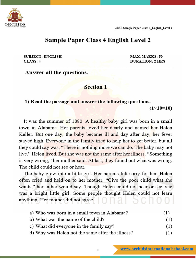 Class 4 English Sample Paper | PDF | Linguistic Morphology | Syntax