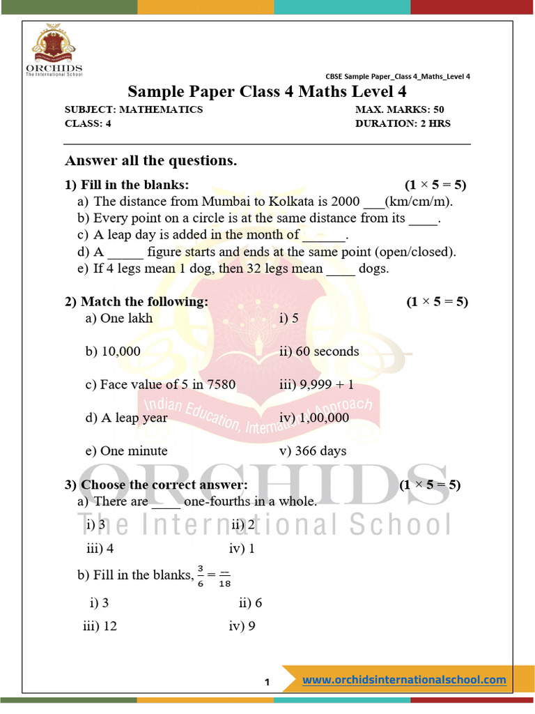 Question Sample Paper Class 4 Maths Level 4 | PDF