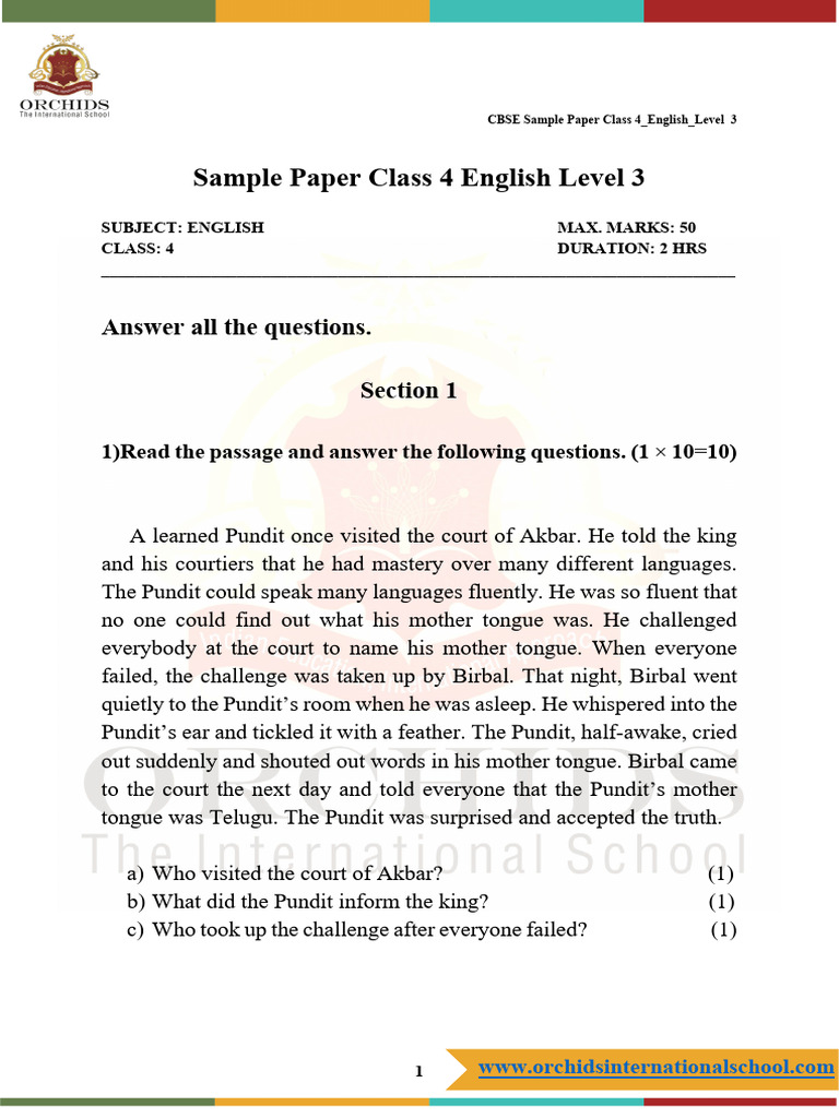 Question Sample Paper Class 4 English Level 4 | PDF | Linguistic ...