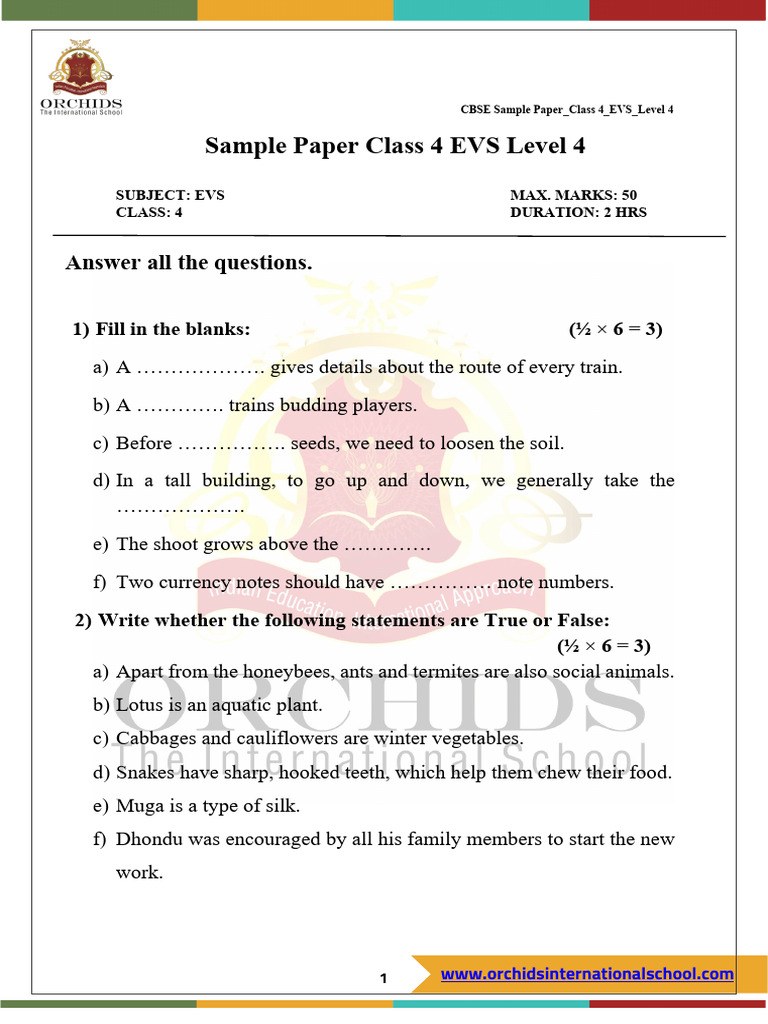 Class 4 EVS Sample Question Paper | PDF | Vegetables | Agriculture