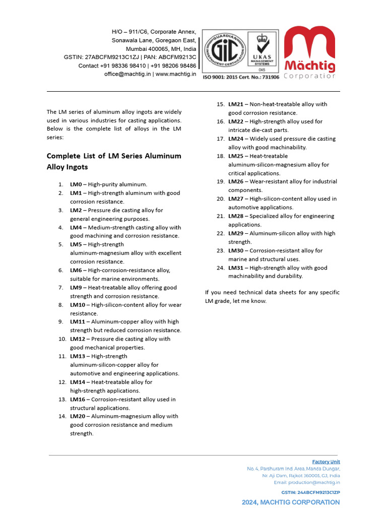 Aluminium Ingots List | PDF | Building Engineering | Materials