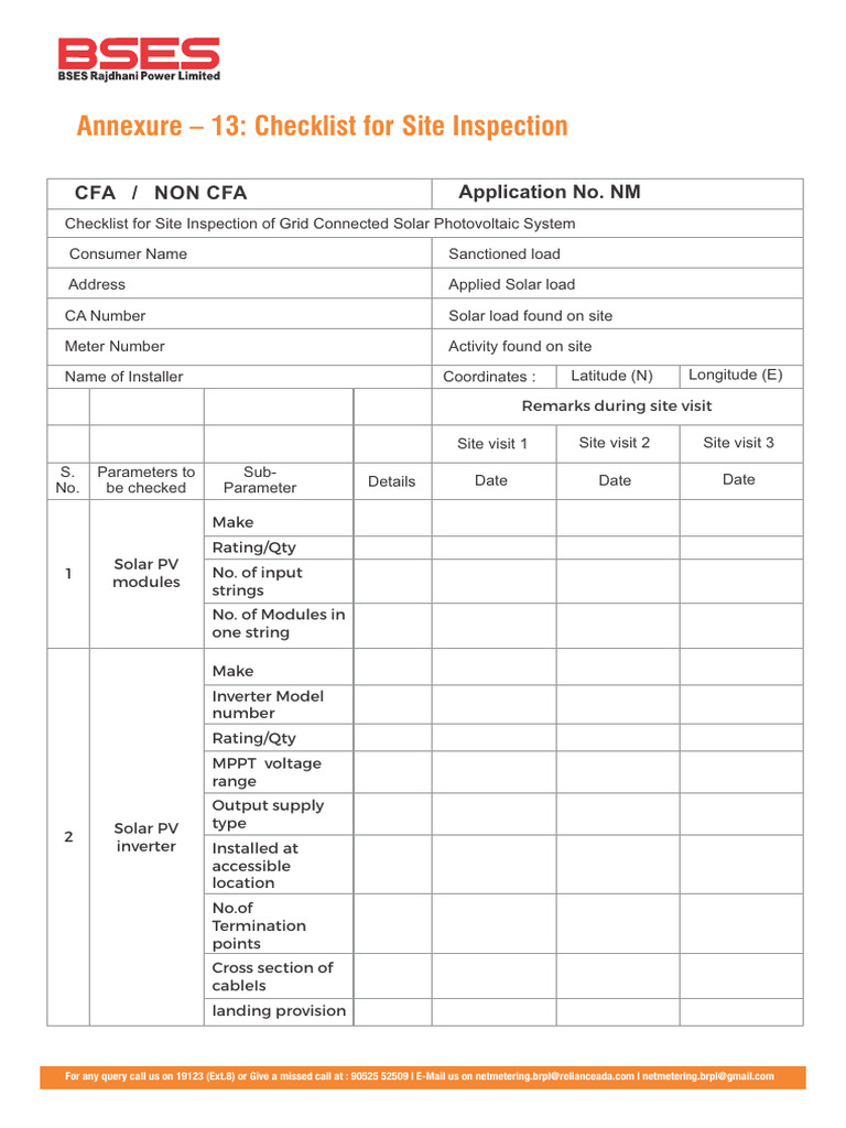 Site Inspection Checklist | PDF | Photovoltaic System | Photovoltaics