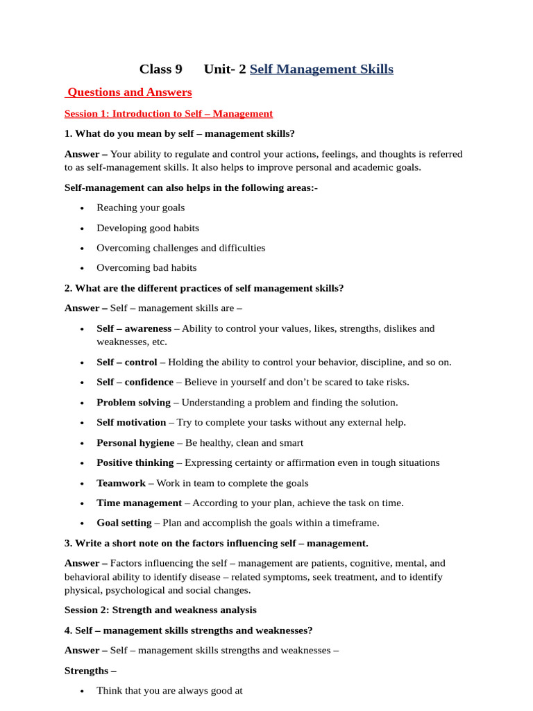 Self Management Skills for Class 9 | PDF | Goal | Psychology