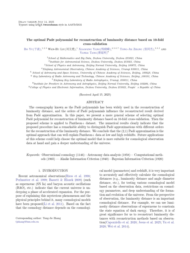 The Optimal Pad e Polynomial For Reconstruction of Luminosity Distance ...