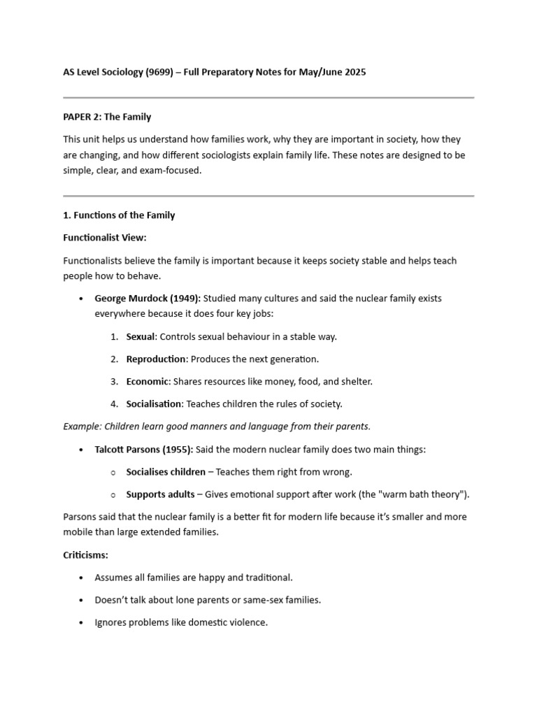 A Level Sociology: Family Notes PDF | PDF | Family | Sociology