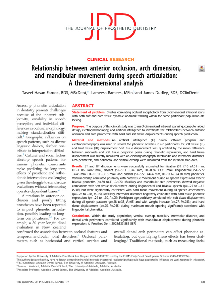 Relationship Between Anterior Occlusion, Arch Dime | PDF | Phonetics | Speech