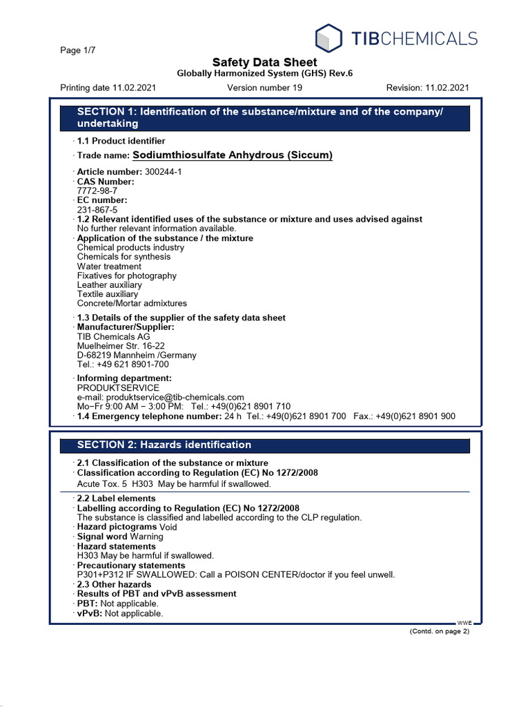 SDS Sodiumthiosulfate Siccum | PDF | Dangerous Goods | Occupational ...