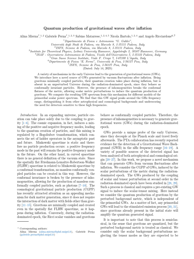 Quantum Production of Gravitational Waves After Inflation | PDF | Astrophysics | Physical Sciences