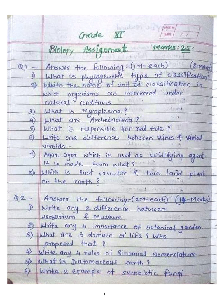 Biology Assignment (11th) | PDF