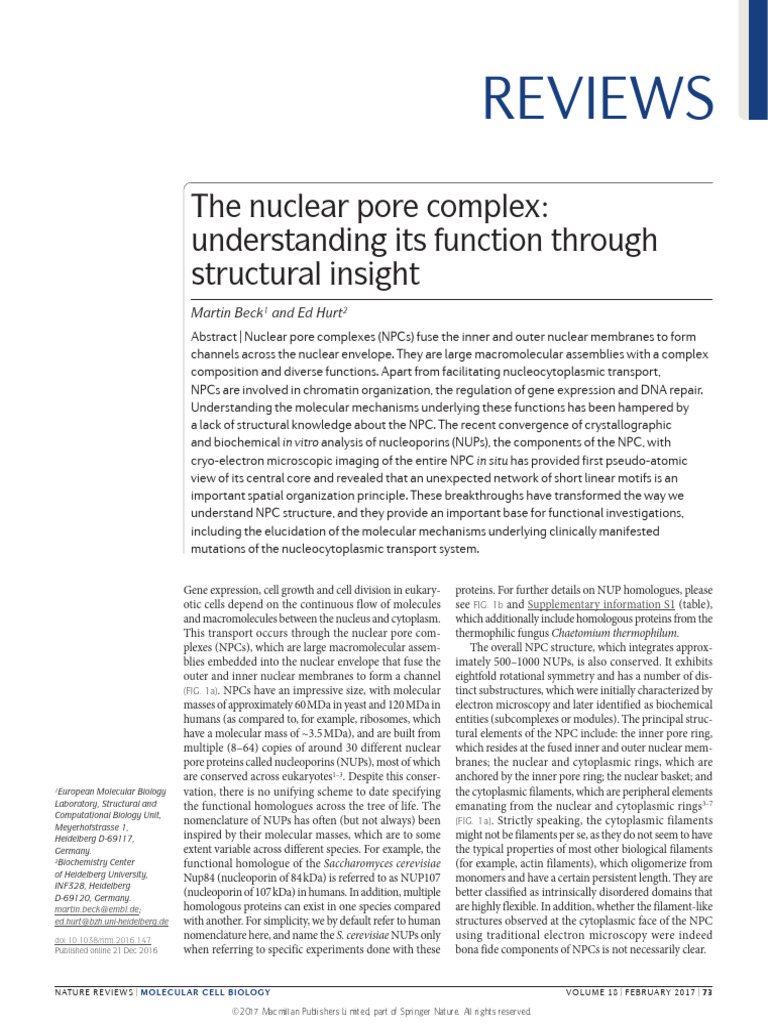 Beck and Hurt, 2016, Review - The Nuclear Pore Complex Understanding Its Function Through ...