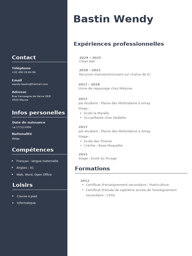 CV de Wendy Bastin - Expériences et Compétences | PDF