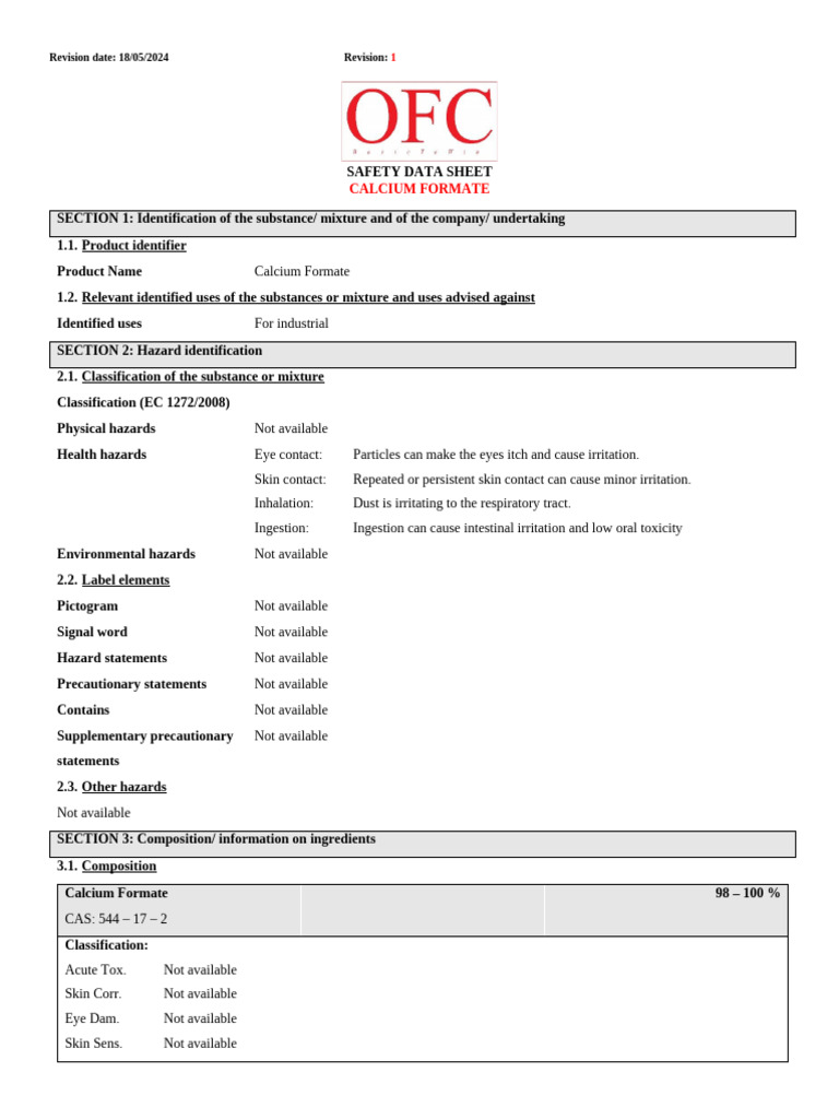 Calcium Formate Safety Data Sheet | PDF | Toxicity | Occupational ...