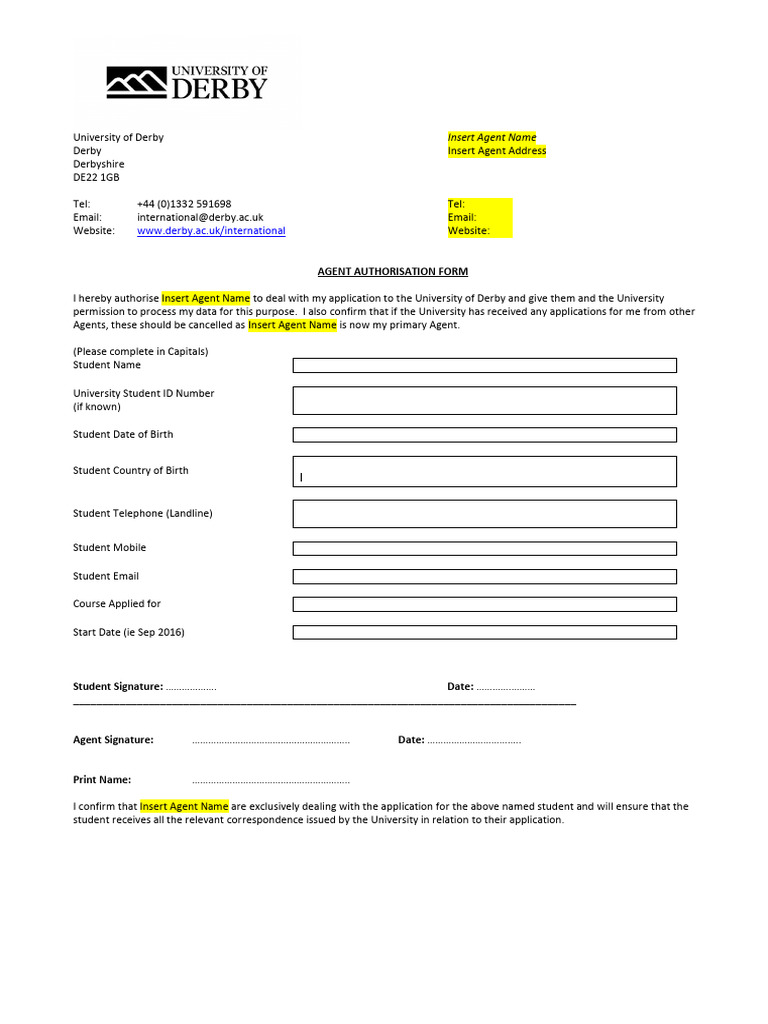 UoD Agent Authorisation Form | PDF