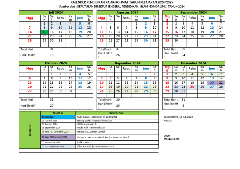 Kalender Pendidikan RA Ar-Rohmat 2024/2025 | PDF