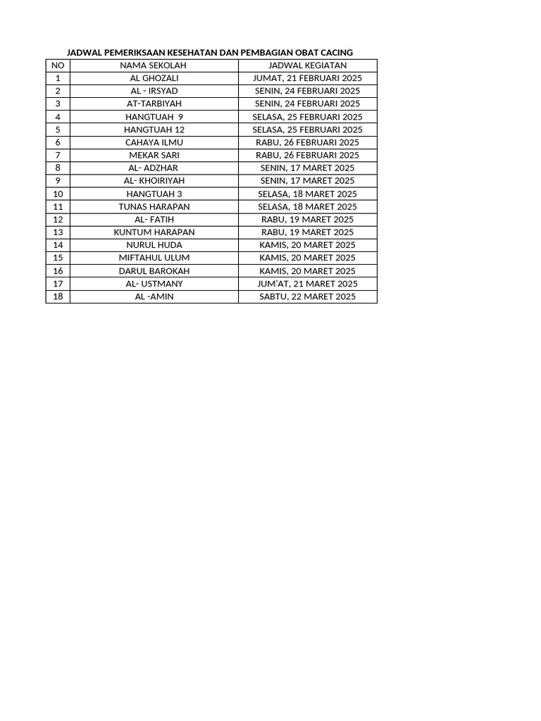 Jadwal Paud-Tk 2025 Screening Kesehatn Dan Pembagian Obat Cacing | PDF