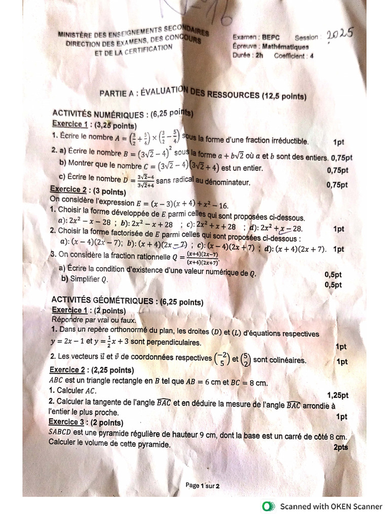 Maths Bepc 2025 | PDF