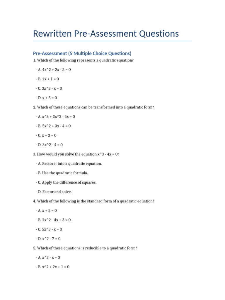 Rewritten Pre Assessment Questions | PDF