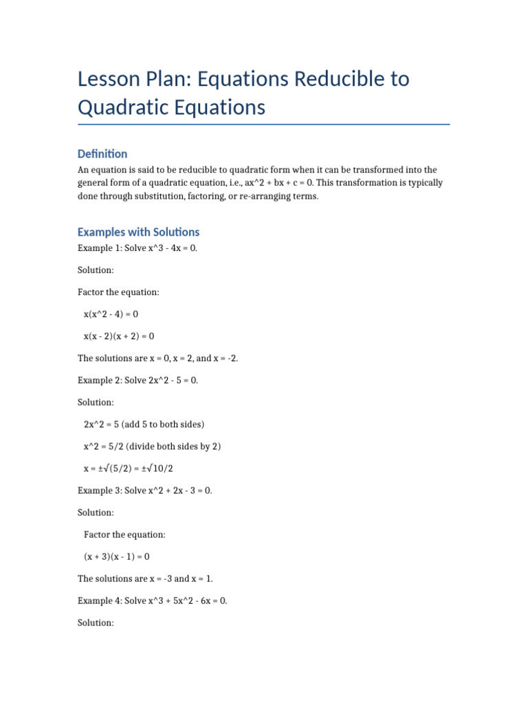 Lesson Plan Equations Reducible To Quadratic Equations Updated | PDF