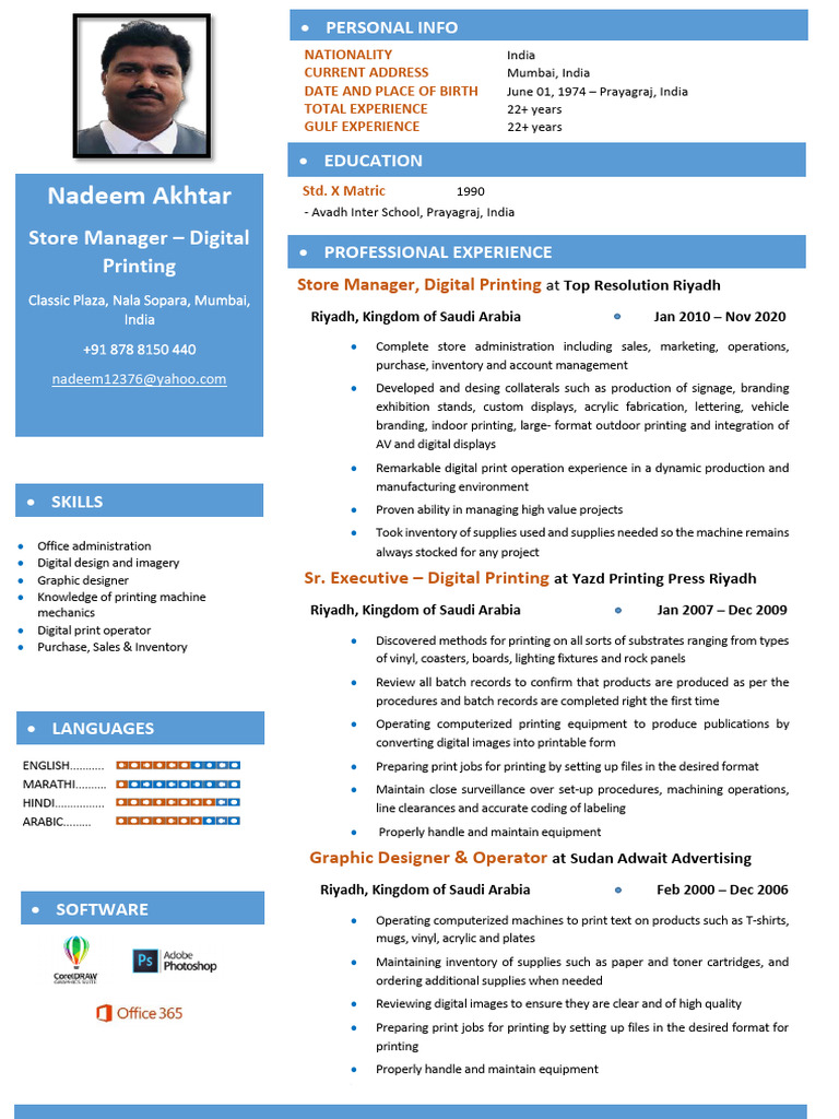 CV Store Manager Digital Printing Gulf Experience Nadeem Akhtar 2022 | PDF
