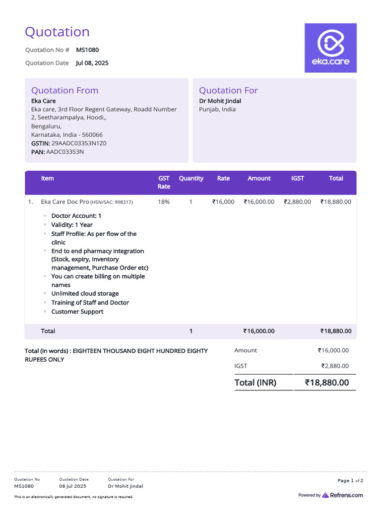 Quotation Ms1080 Eka Care DR Mohit Jindal | PDF | Taxes | Taxation