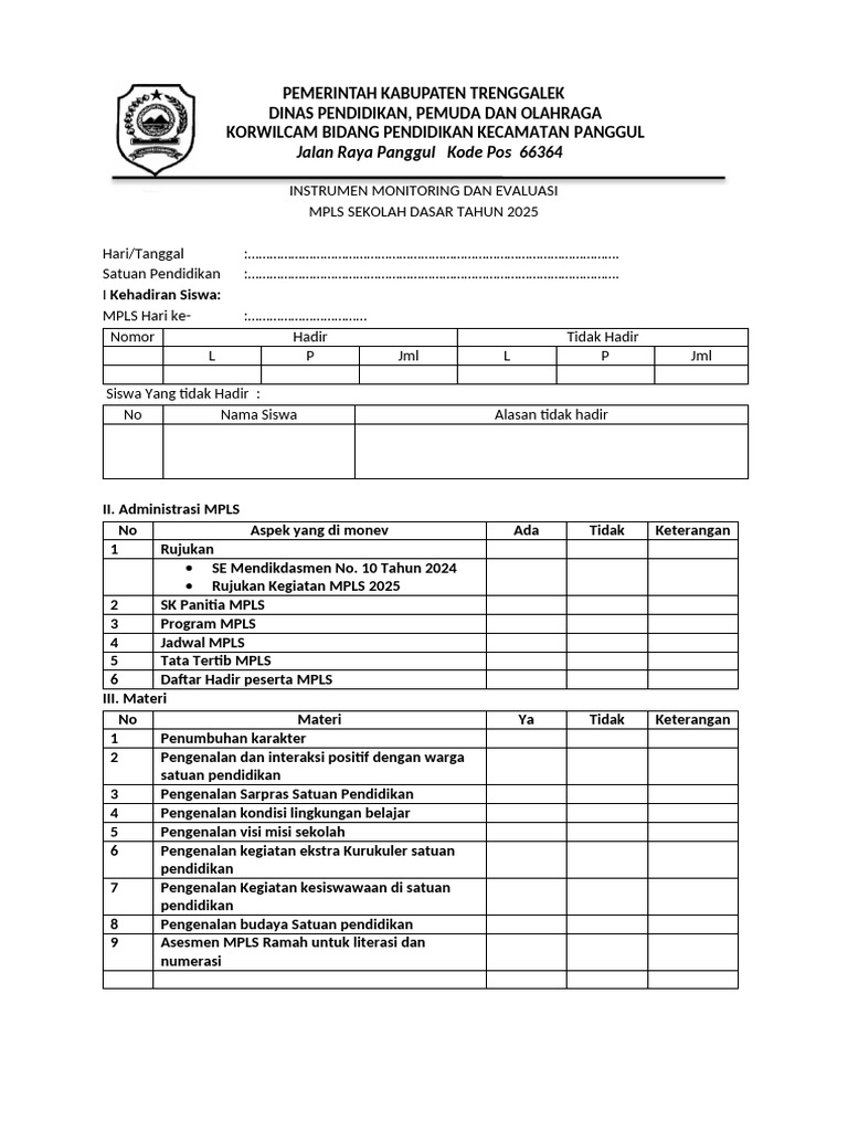 Instrumen Monev MPLS SD 2025 | PDF
